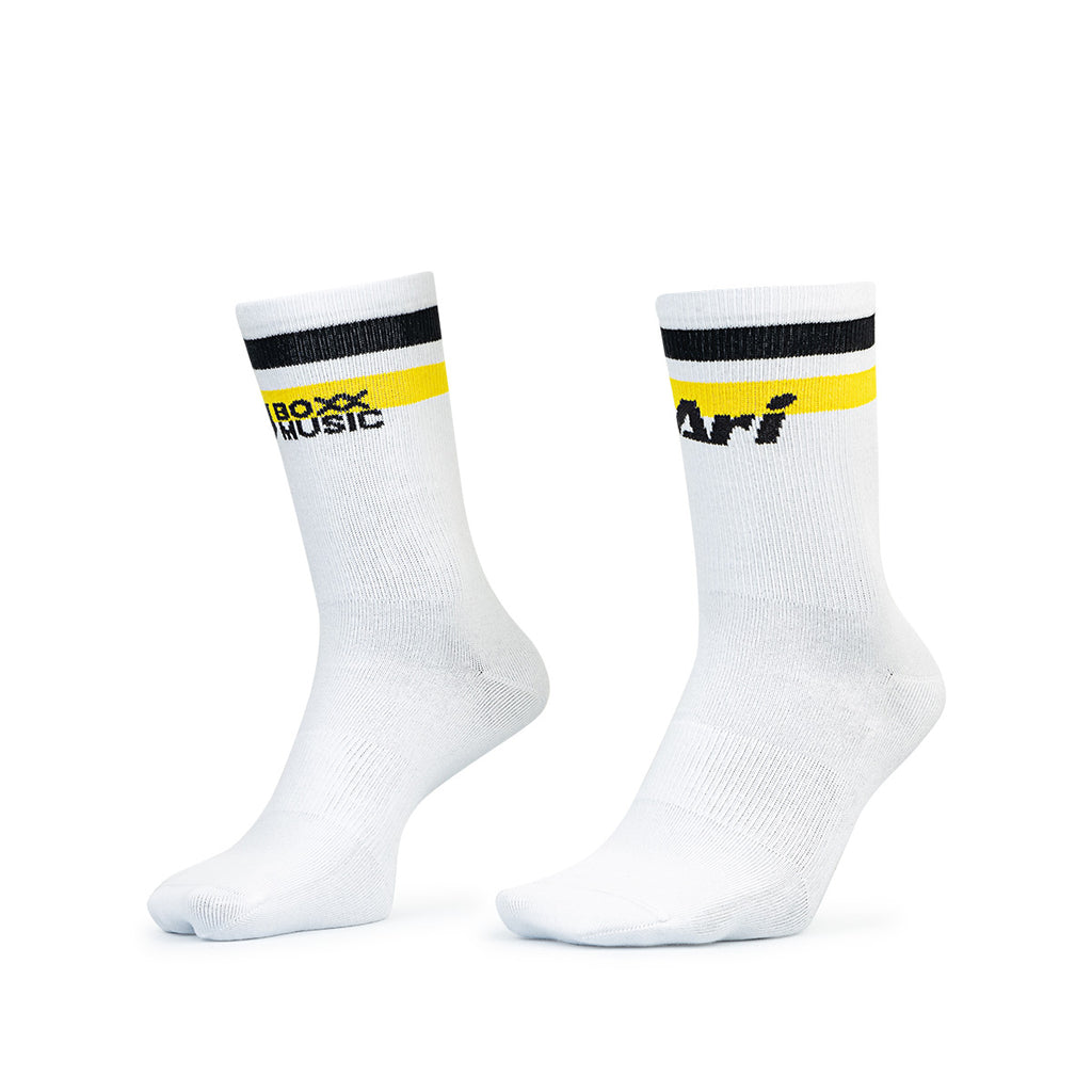 ARI X BOXX MUSIC 2026 CREW SOCKS - WHITE/YELLOW/BLACK – Ari Online Store